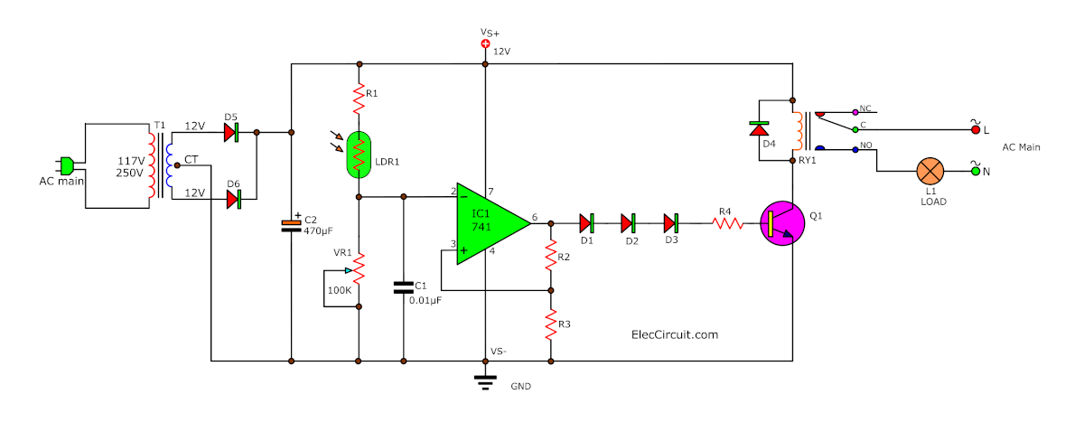 Automatic Op-amp night light circuit using IC-741 Automatic Op-amp night light circuit using IC-741