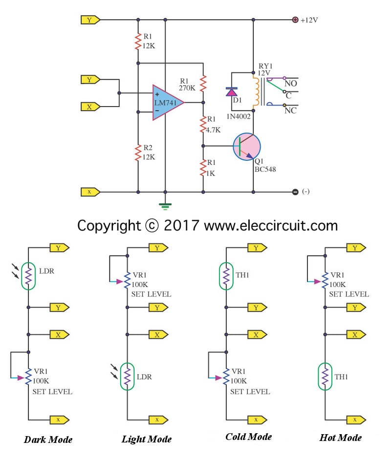 On-Off Light/Temperature Controller Circuit using 741 Comparator