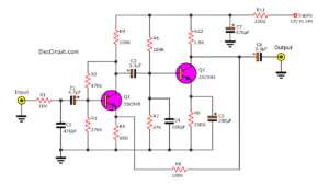 Transistors Dynamic Microphone Preamplifier Circuit with PCB