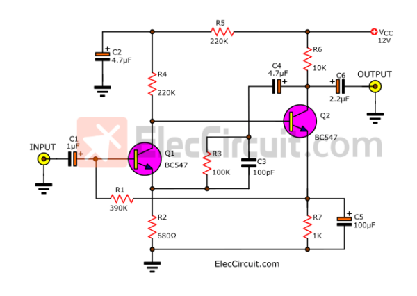 Transistors Dynamic Microphone Preamplifier Circuit with PCB