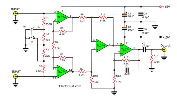 3 Low noise microphone preamplifier circuit using NE5532 LF356