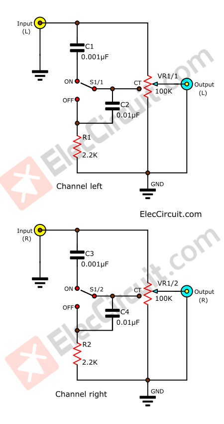Passive tone control circuit | Loudness Control | ElecCircuit.com
