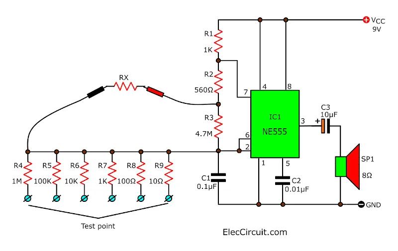 555 audio simple ohmmeter circuit - ElecCircuit.com