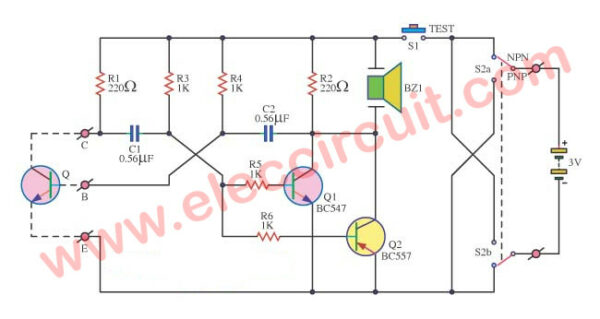 Transistor tester circuit - Eleccircuit.com