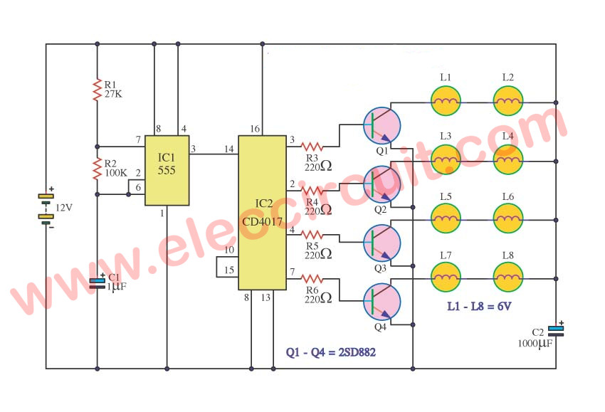LED Chaser circuit with PCB layout | Running lights | Eleccircuit.com LED Chaser circuit with PCB layout | Running lights | Eleccircuit.com