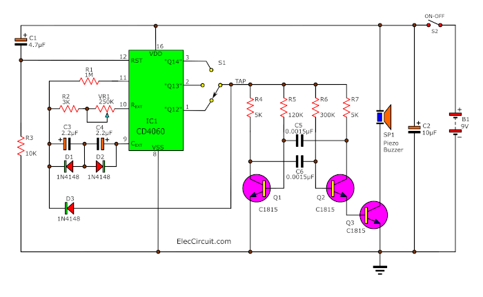 CD4060 Timer Circuit with alarm, 19S to 5 Hours | Eleccircuit