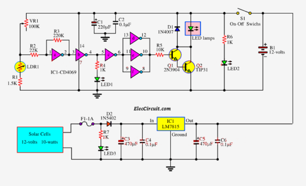 Automatic Night LED light switch circuit using solar rechargeable