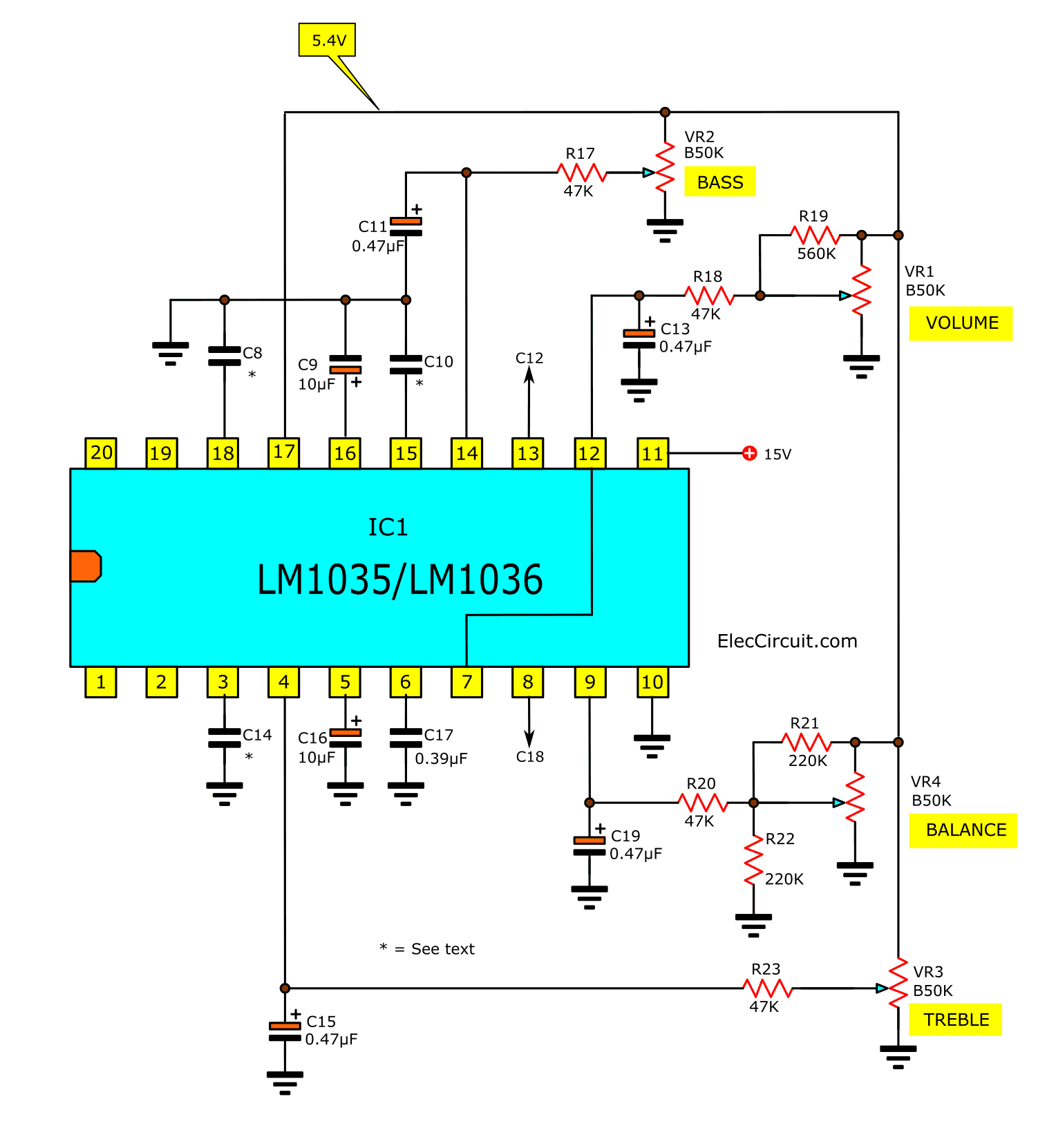 LM1036-LM1035 Dual DC tone control circuit with PCB | ElecCircuit.com