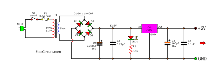 6V Power Supply Circuits–Regulated, Battery, DIY Designs with LM317/7806 | ElecCircuit.com