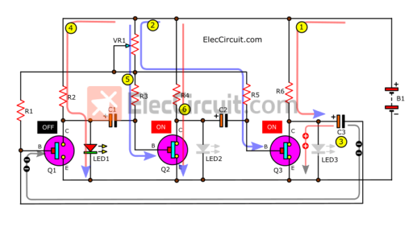 3 LED Chaser circuit using transistor without IC | ElecCircuit.com