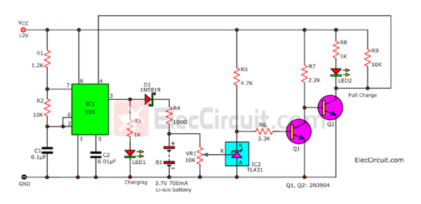 Simple Li-ion Battery Charger Circuit with Automatic Cut-Off