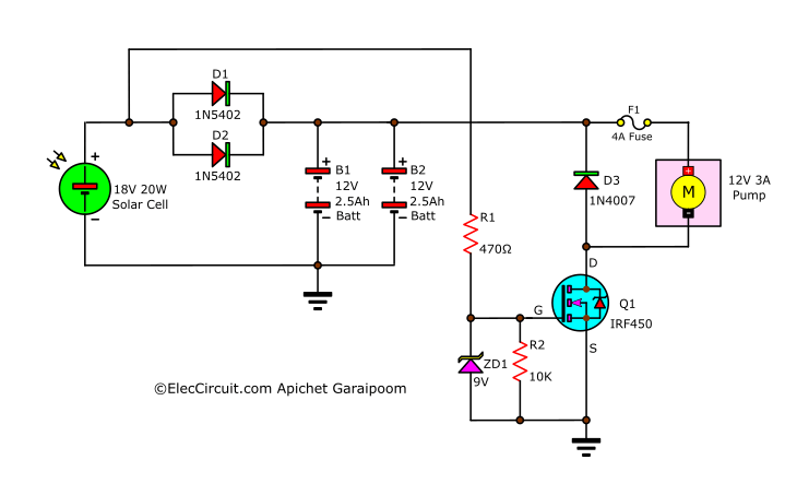 Simple Solar-Powered 12V Water Pump Circuit with Battery | ElecCircuit.com