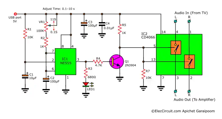 TV Audio Delay Circuit using CD4066 & NE555 to Stop Pop Noise