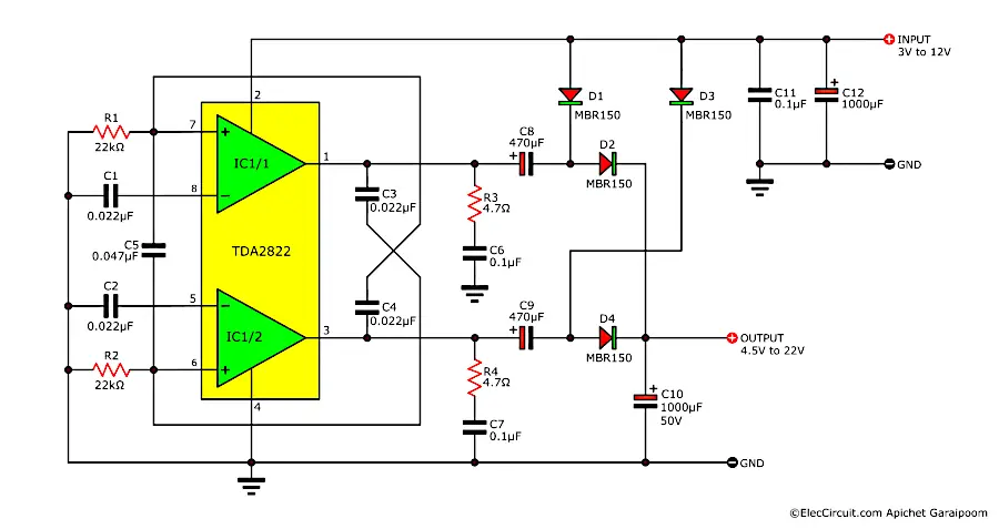 DIY Charge Pump Voltage Doubler Circuit using TDA2822 | ElecCircuit.com